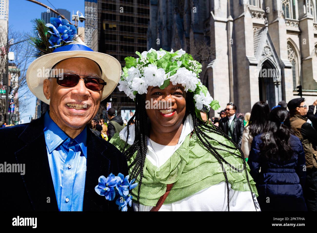 New York, NY, USA. 9th Apr, 2023. Manhattan's Fifth Avenue fills with colorfully costumed and ...