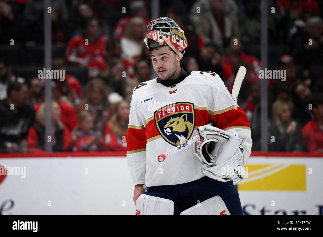 Florida Panthers goaltender Alex Lyon (34) looks on during the first ...