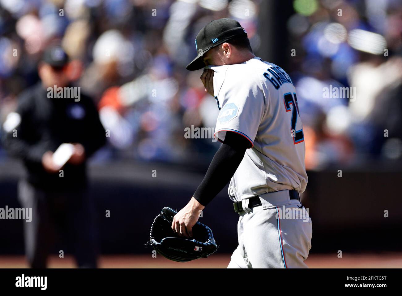Miami Marlins pitcher Braxton Garrett walks off the field during the ...