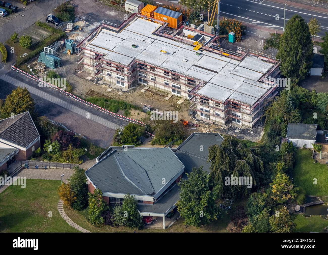 Aerial view, construction site and new building of senior apartments ...