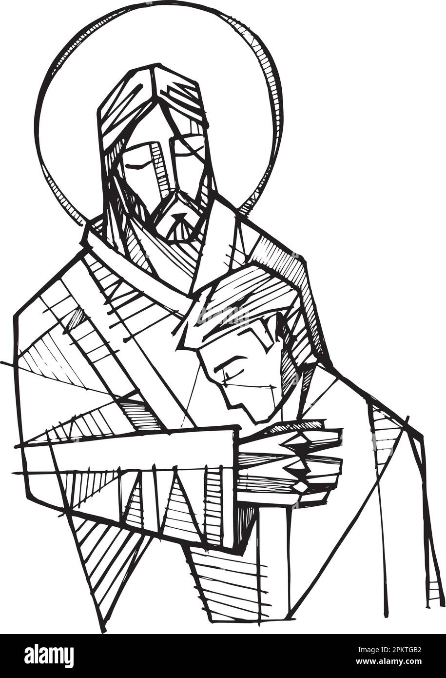 Hand drawn vector illustration or drawing of Christ and young man Stock ...