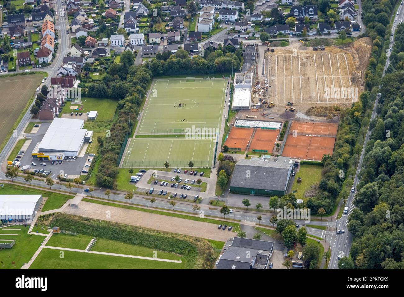 Aerial view, construction site at the sports facility Hammer SC between ...