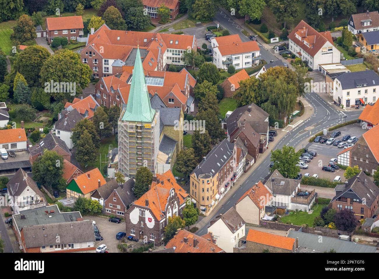 Aerial view, renovation of the steeple of the catholic church St ...