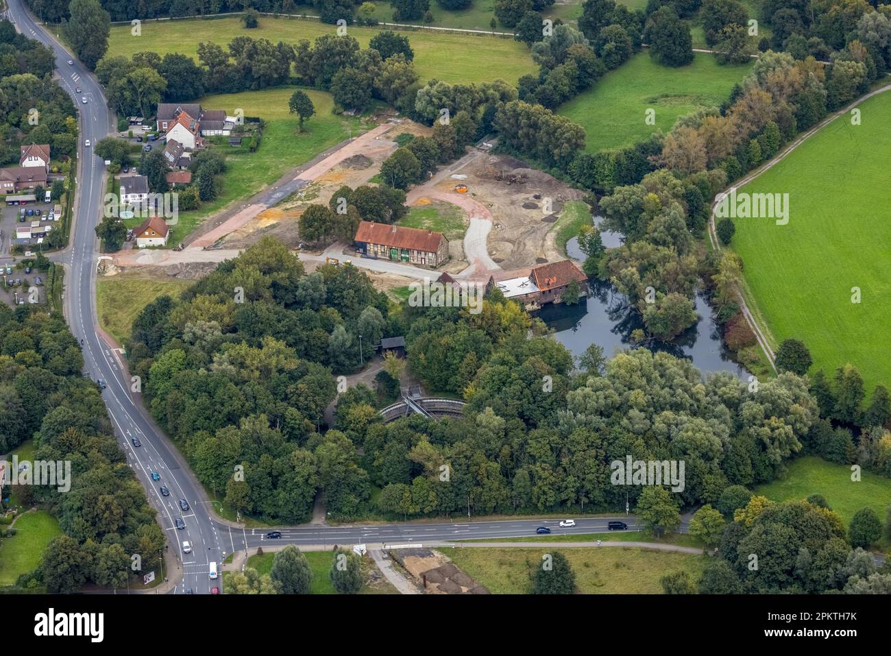 Aerial view, construction site and renovation of the castle mill at the ...