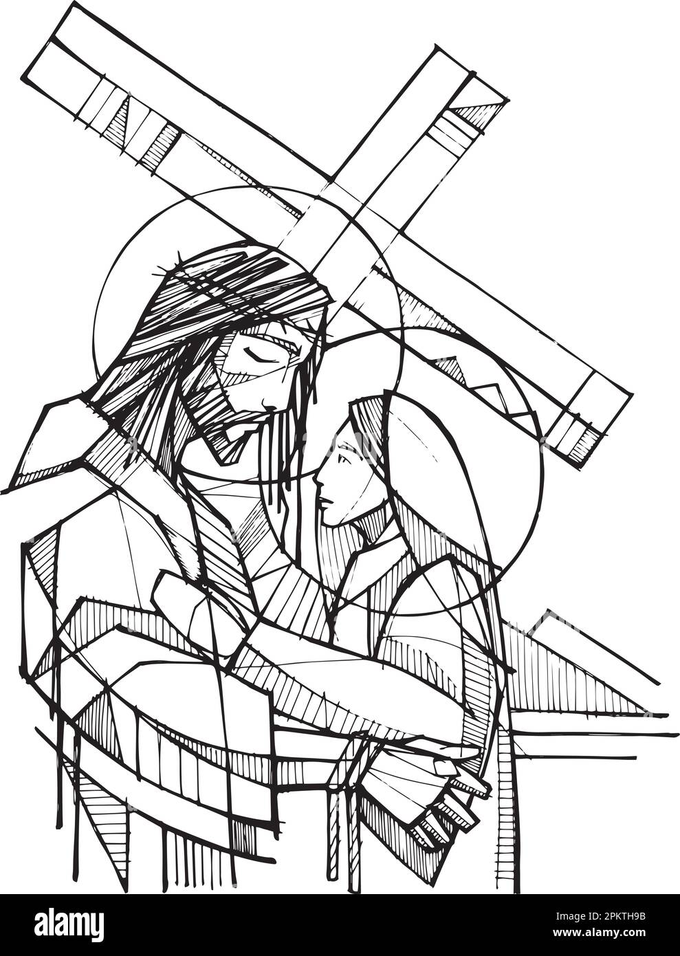 Hand drawn vector illustration or drawing of Jesus finding his mother ...