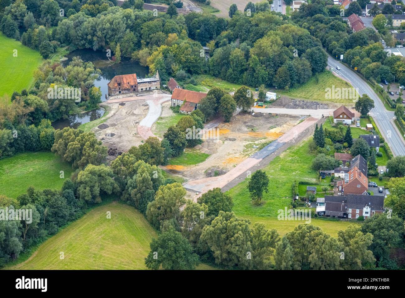 Aerial view, construction site and renovation of the castle mill at the ...