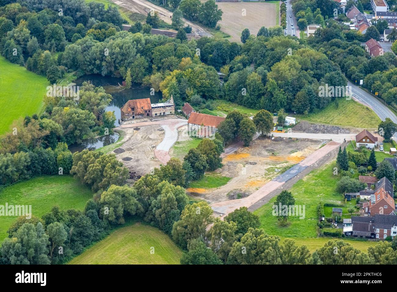 Aerial view, construction site and renovation of the castle mill at the ...