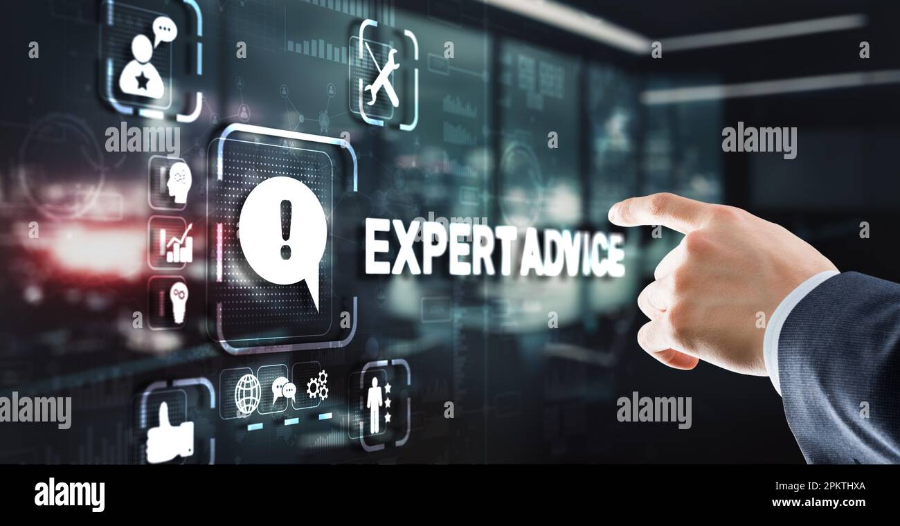 Expert advice. Businessman hand touching inscription on virtual screen ...
