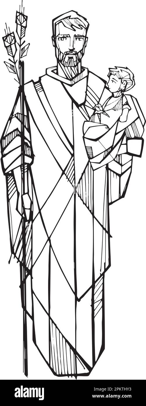 Hand drawn vector illustration or drawing of Saint Joseph with Child ...