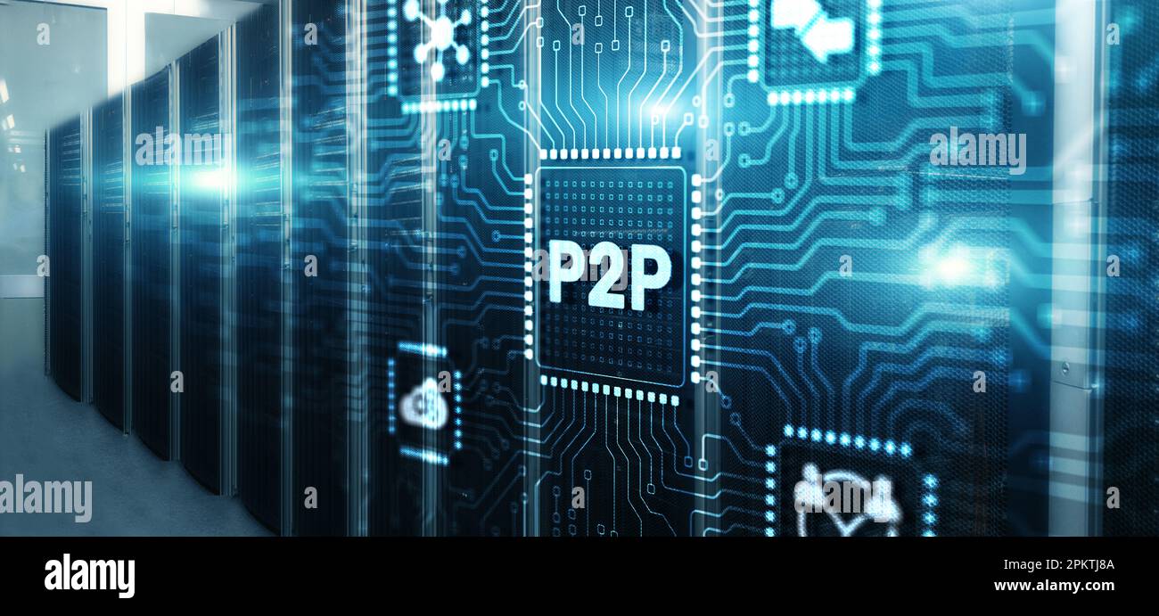 Peer to peer. P2P on futuristic background mixed media Stock Photo - Alamy