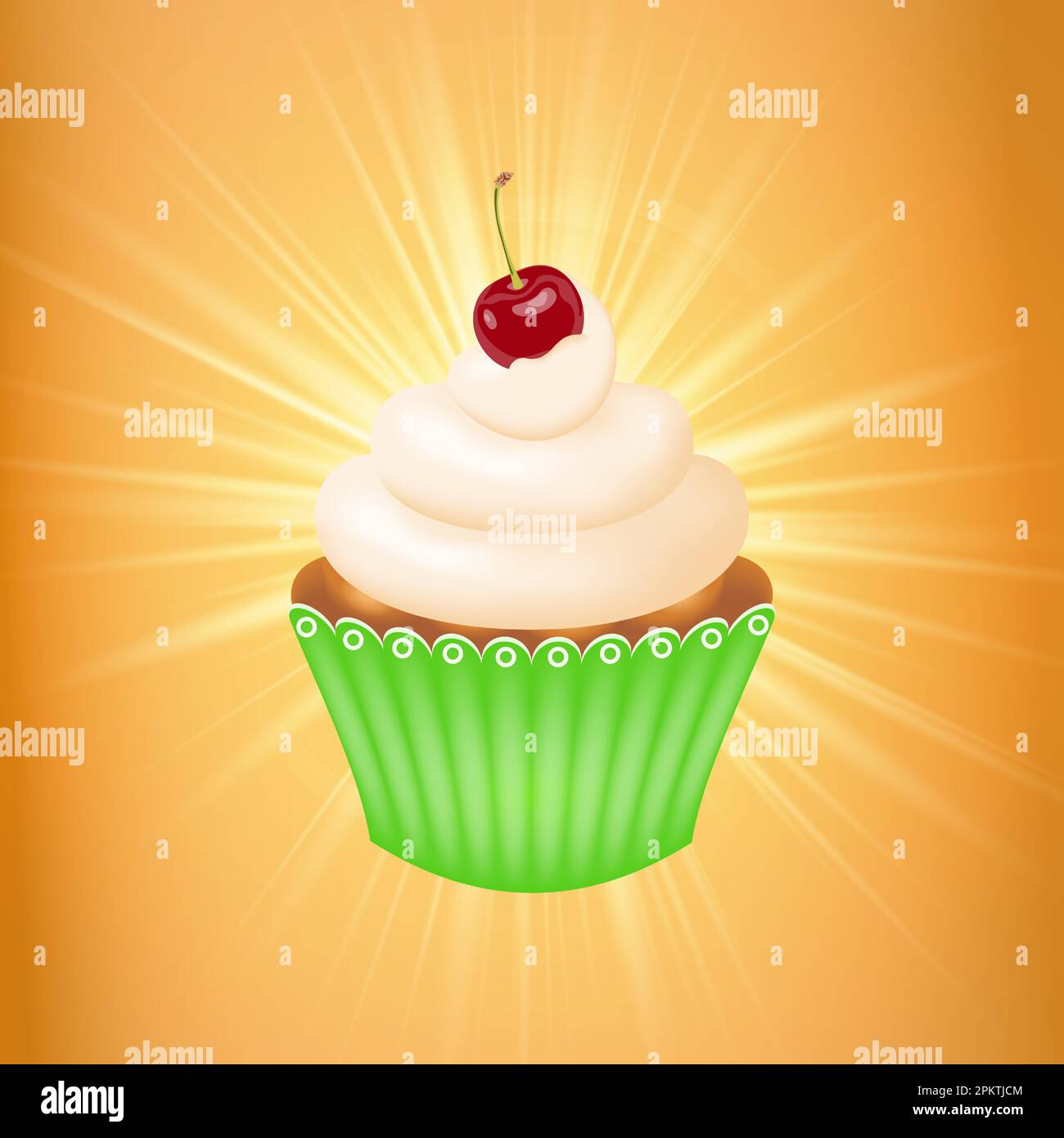 Cupcake with cream and cherry. Cupcake with whipped cream and cherries, packaged in a green ...