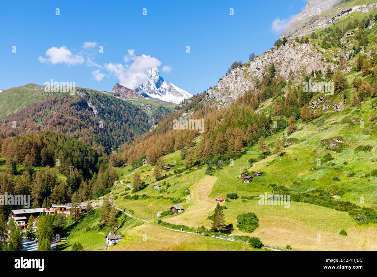 Summer panoramic view from Zermatt towards Zmutt and the Matterhorn ...