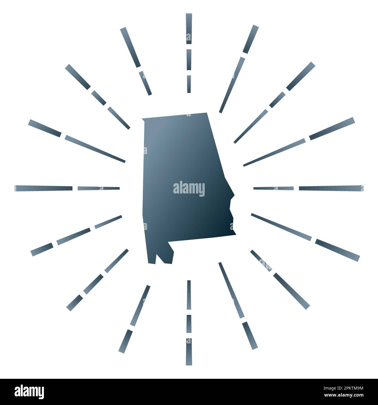 Alabama gradiented sunburst. Map of the US state with colorful star ...