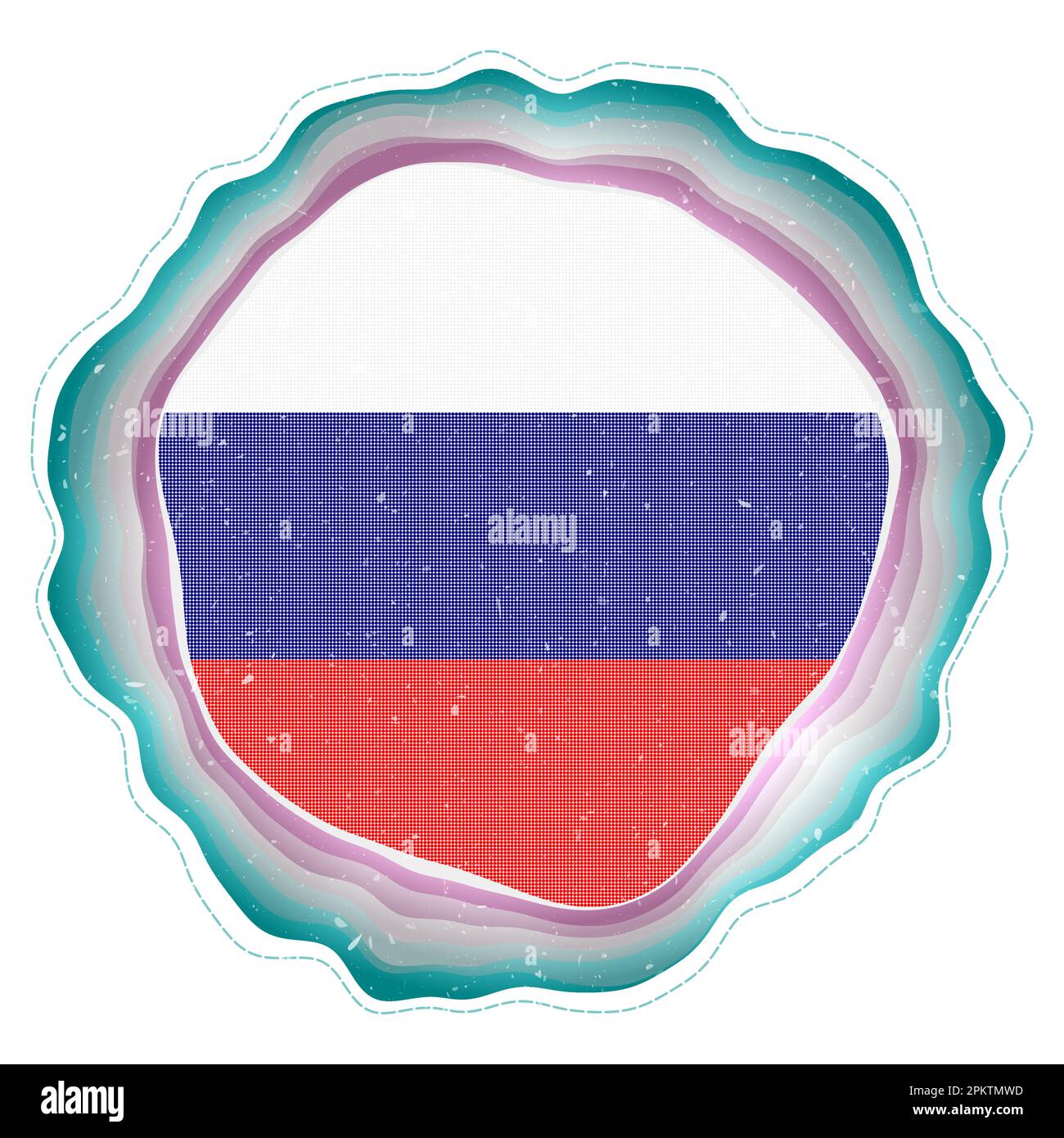 Russia flag in frame. Badge of the country. Layered circular sign around Russia flag. Superb ...
