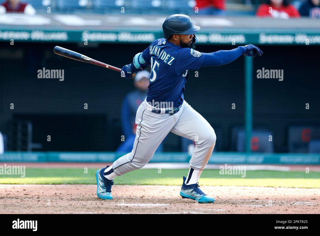 Seattle Mariners' Teoscar Hernandez hits an RBI single off Cleveland ...