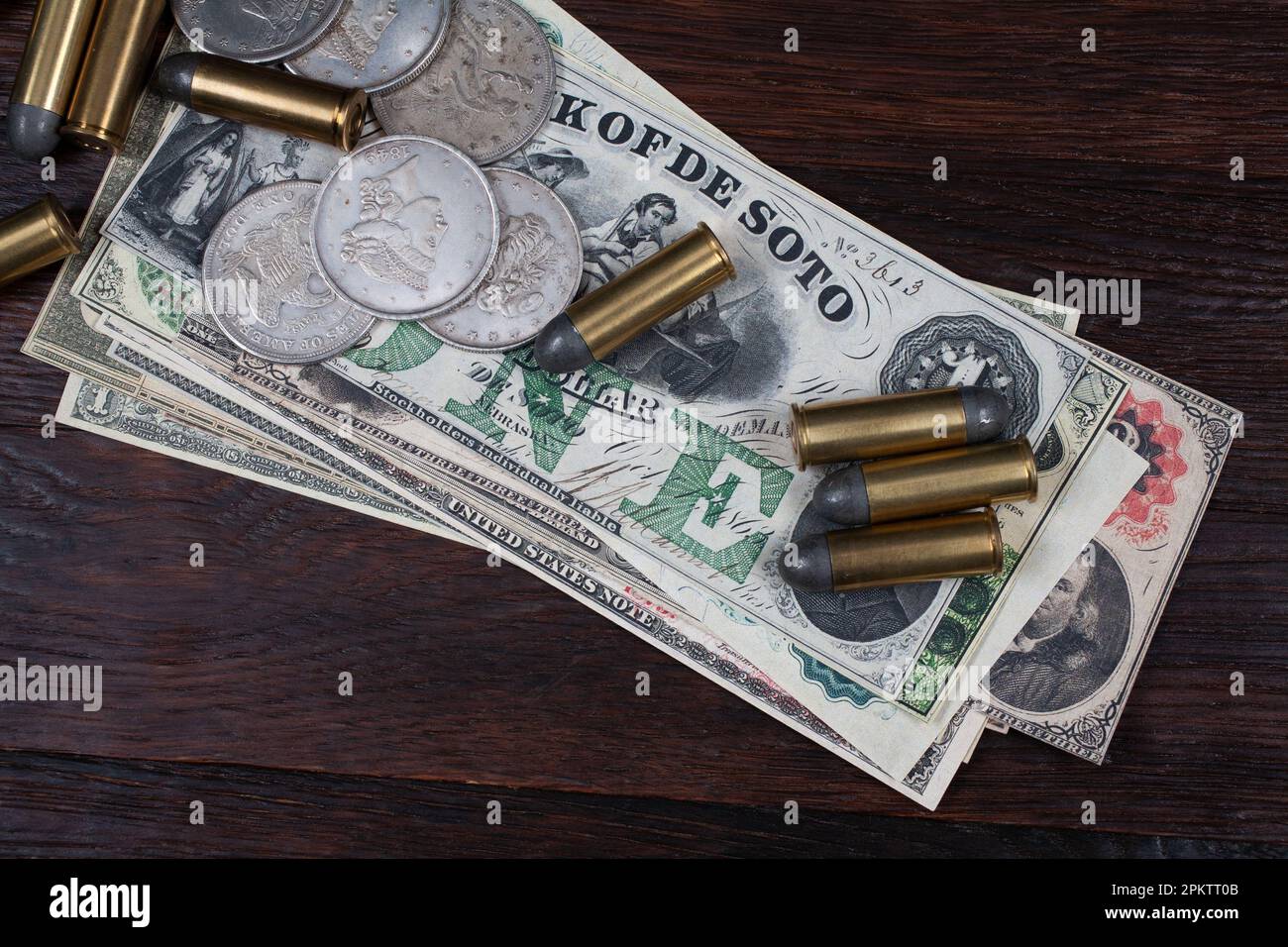 Old west period US banknotes and silver certificates with silver dollar ...