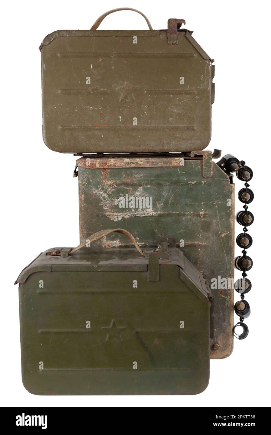 Ammo box with ammunition belt and 14.5mm cartridges for a 14.5mm KPVT ...