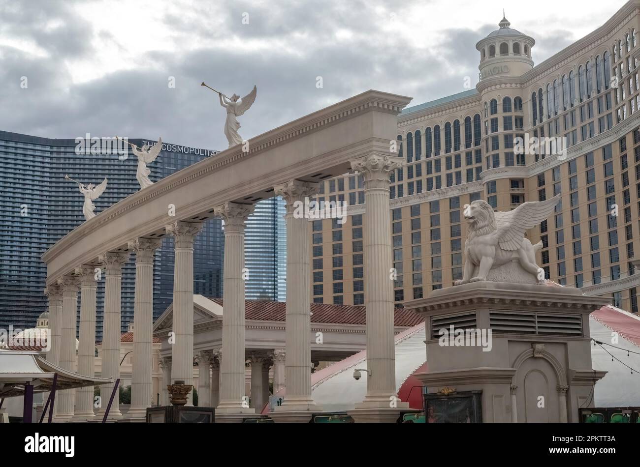 Winged lion, Greek pillars and angels with trumpets statues for Caesars Palace in front of the ...