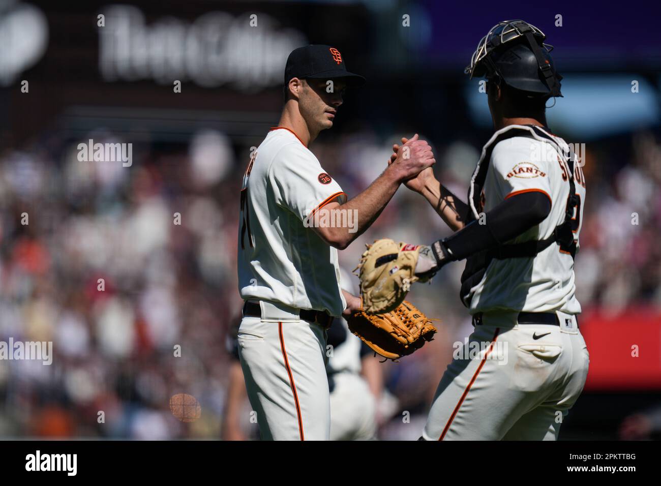 San Francisco Giants pitcher Tyler Rogers, left, and catcher Blake ...