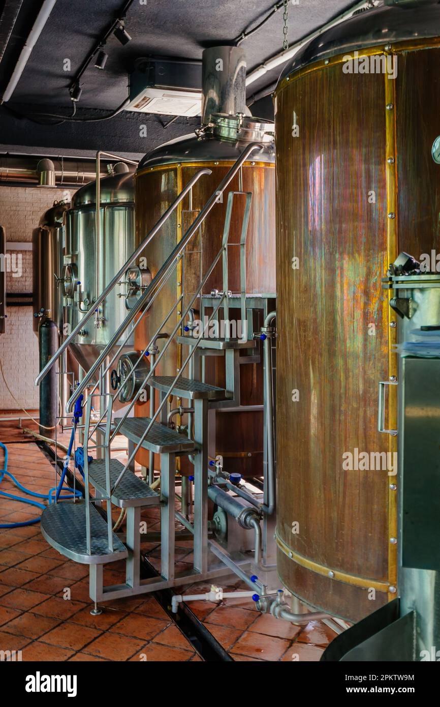 Craft beer production line in private microbrewery Stock Photo - Alamy
