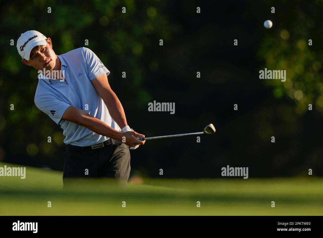 Collin Morikawa chips to the green on the 18th hole during the final ...