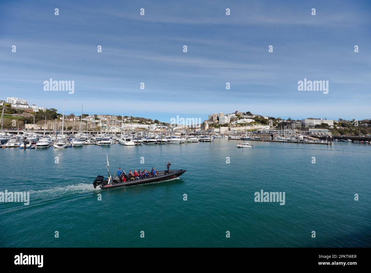Torquay pier and harbour on a sunny spring day in Torbay area, England ...