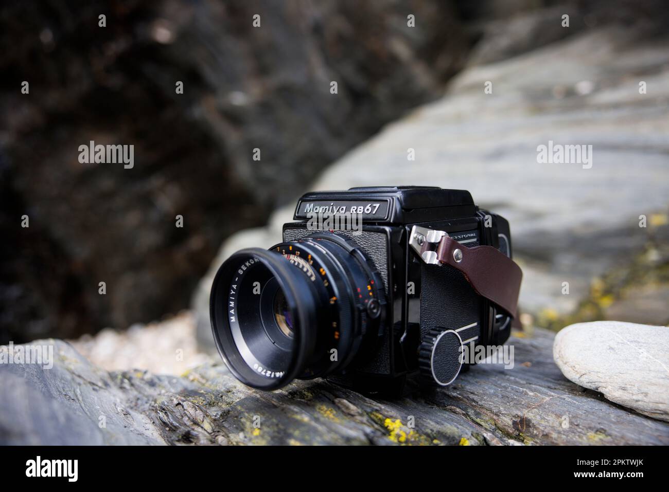 Mamiya RB67 medium format film camera with a 127mm lens on a rock Stock ...