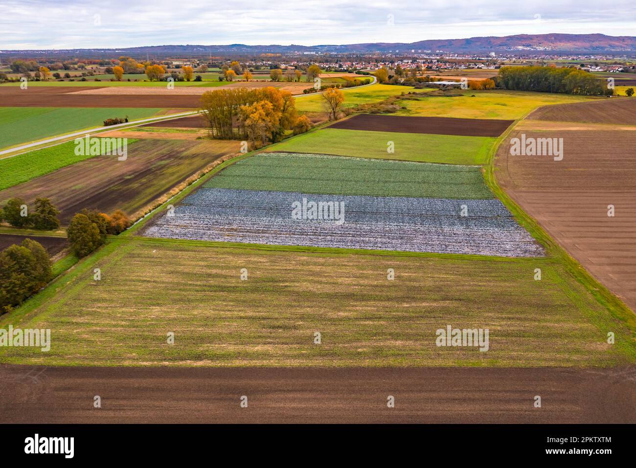 Colorful fields in a rural landscape as a drone shot, Hesse, Germany ...