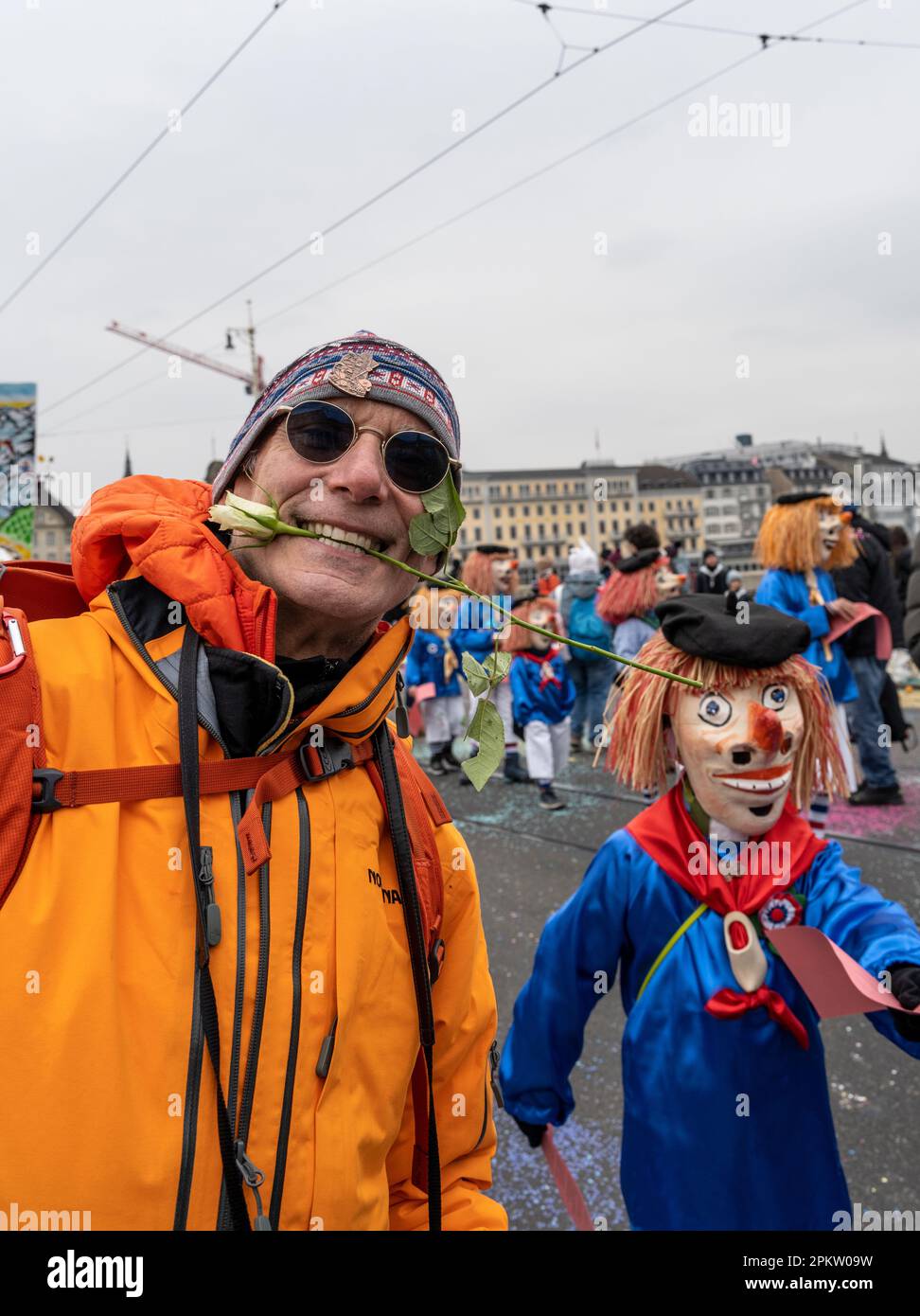 parade spectator enjoying the festivities at the Basel Fasnacht ...