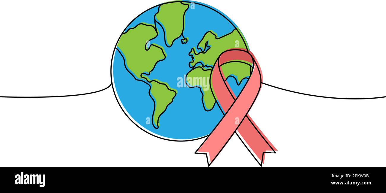 Earth with cancer aid ribbon colored one line continuous drawing. World ...
