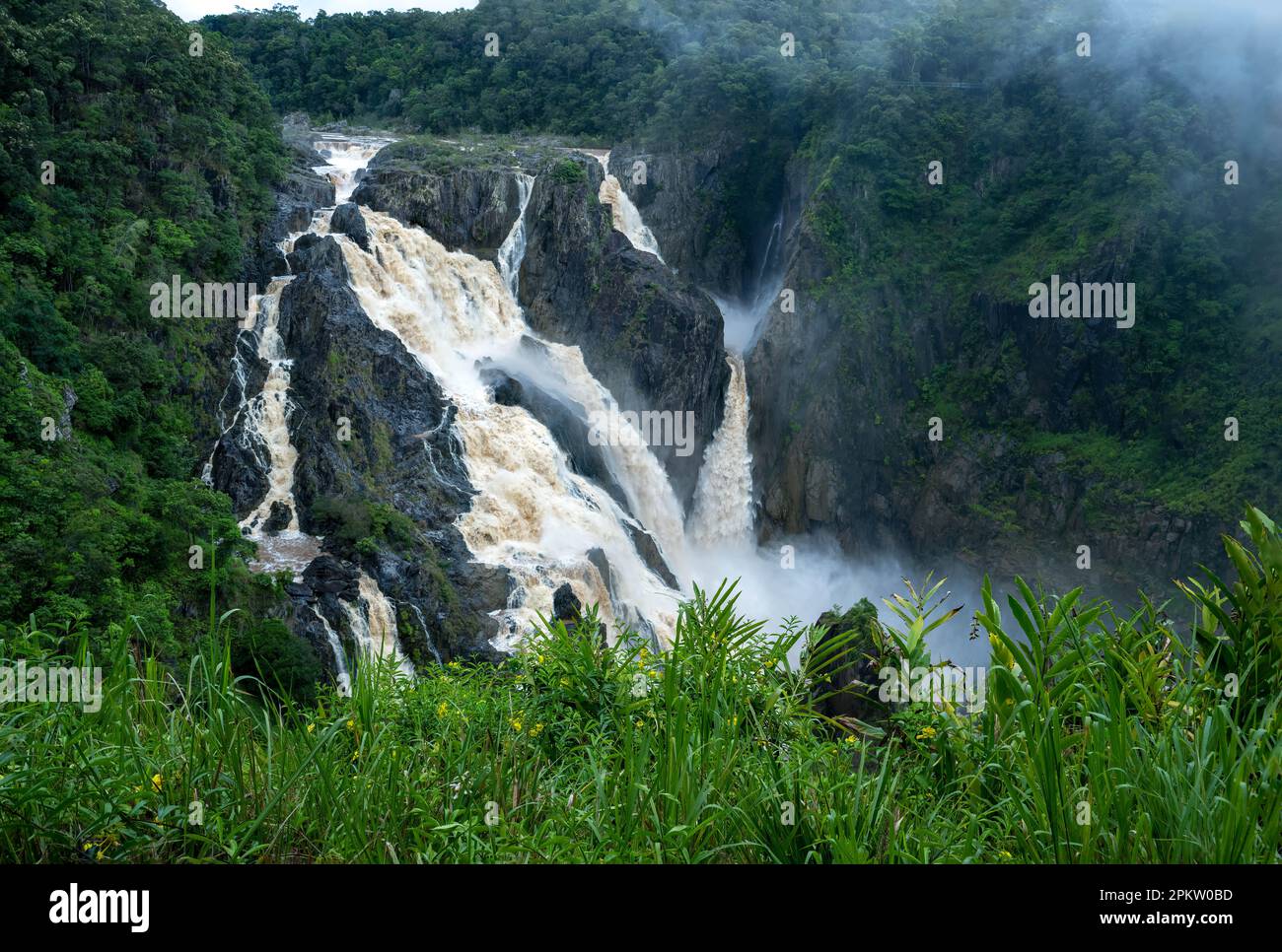The mist covered Barron Falls cascading down the scenic chasm on the ...