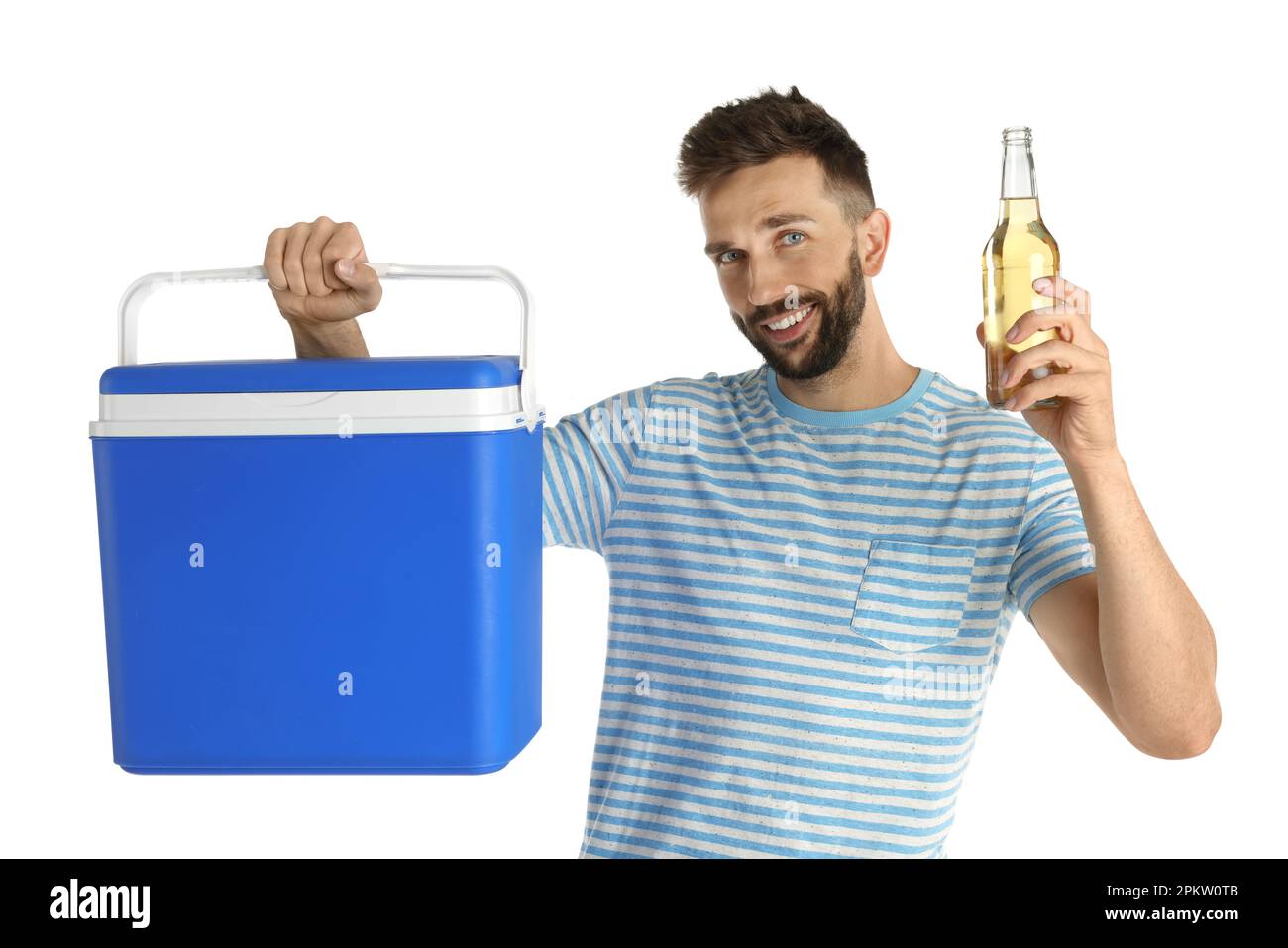 Happy man with cool box and bottle of beer on white background Stock ...