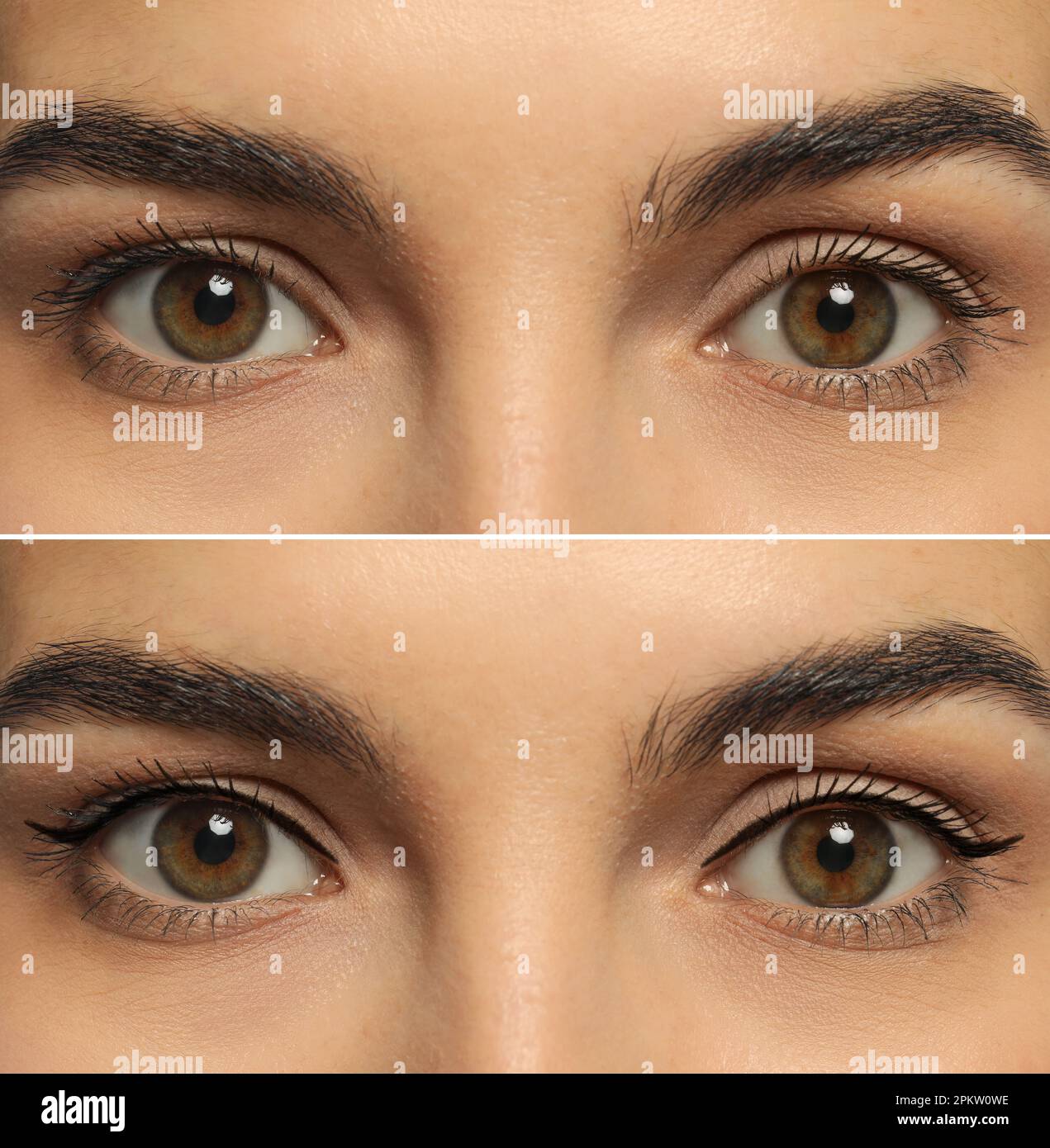 Collage with photos of young woman before and after getting permanent ...