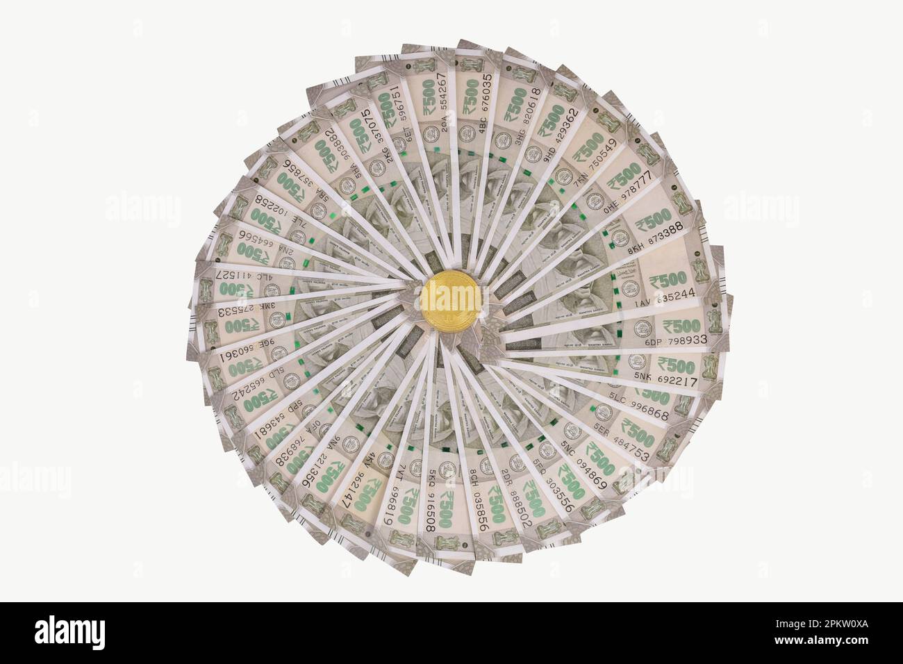 Top view of indian currency note with bitcoin isolated on white ...