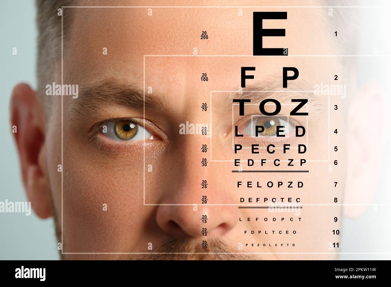 Closeup view of man and eye chart illustration. Visiting ...