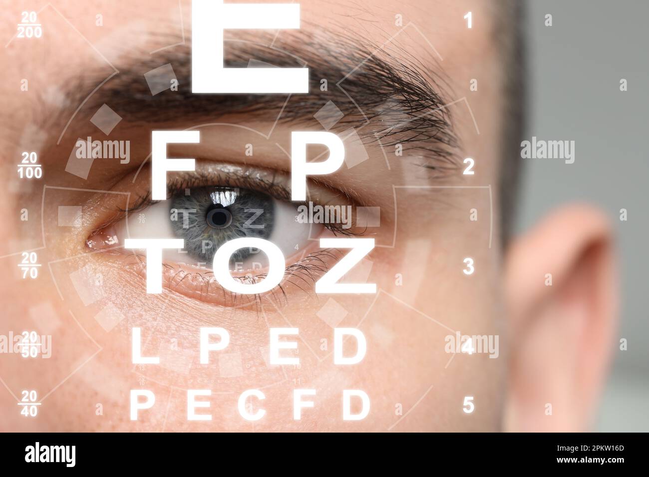 Closeup view of man and eye chart illustration. Visiting ...