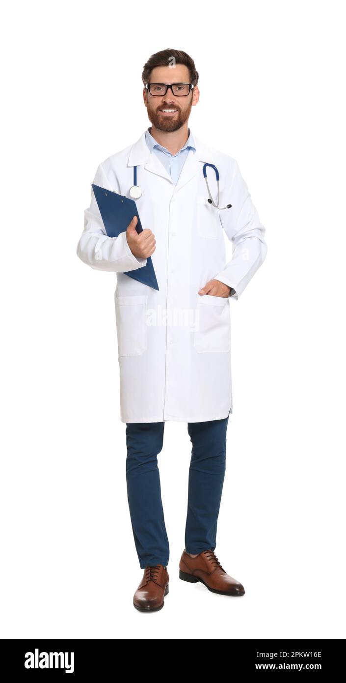 Full length portrait of doctor with clipboard on white background Stock ...