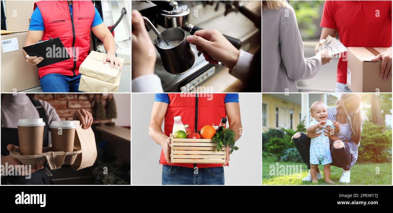 Collage with photos of people of different jobs, banner design. Work ...