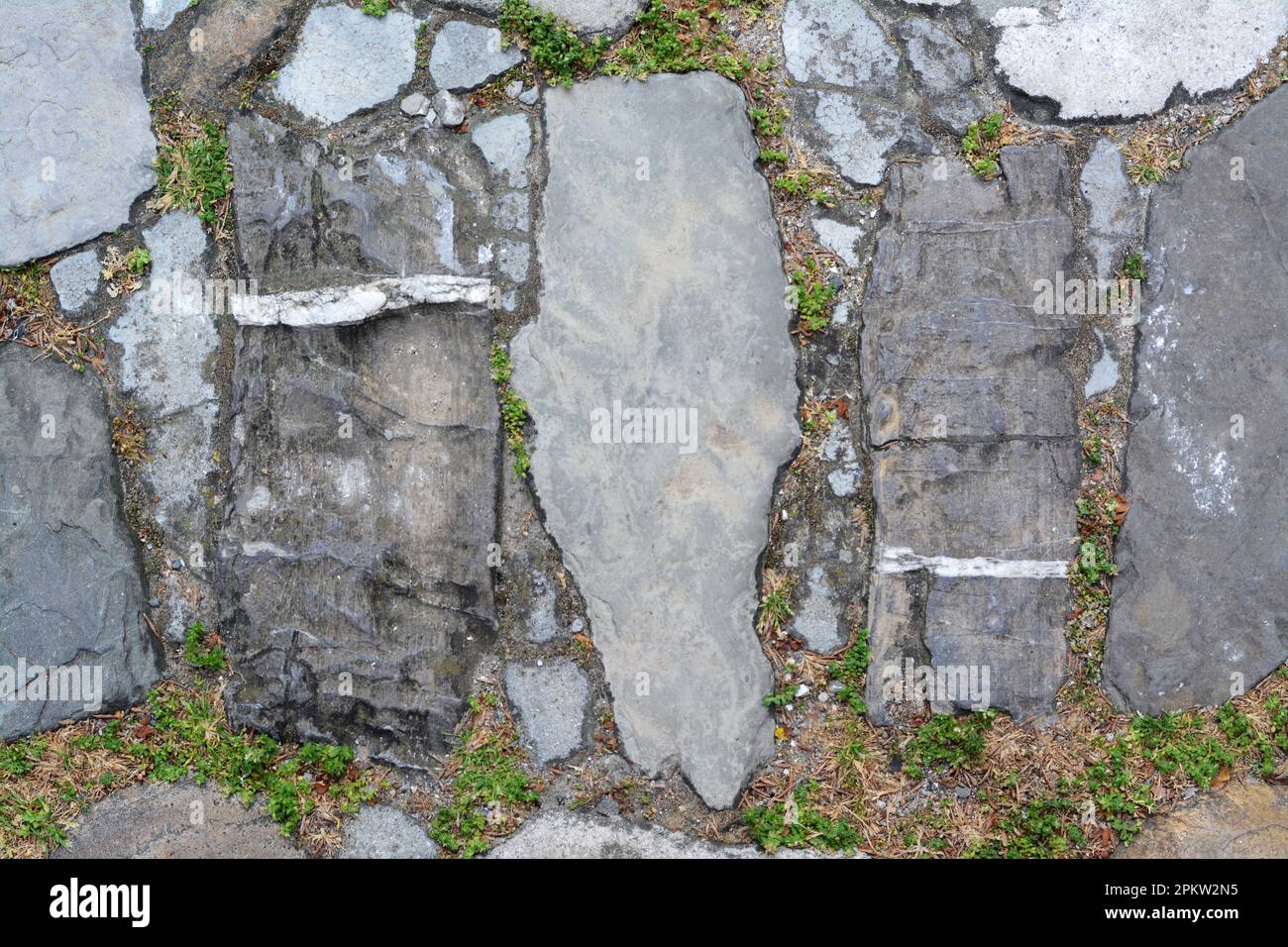 Old stone pathway with grass as background, top view Stock Photo - Alamy
