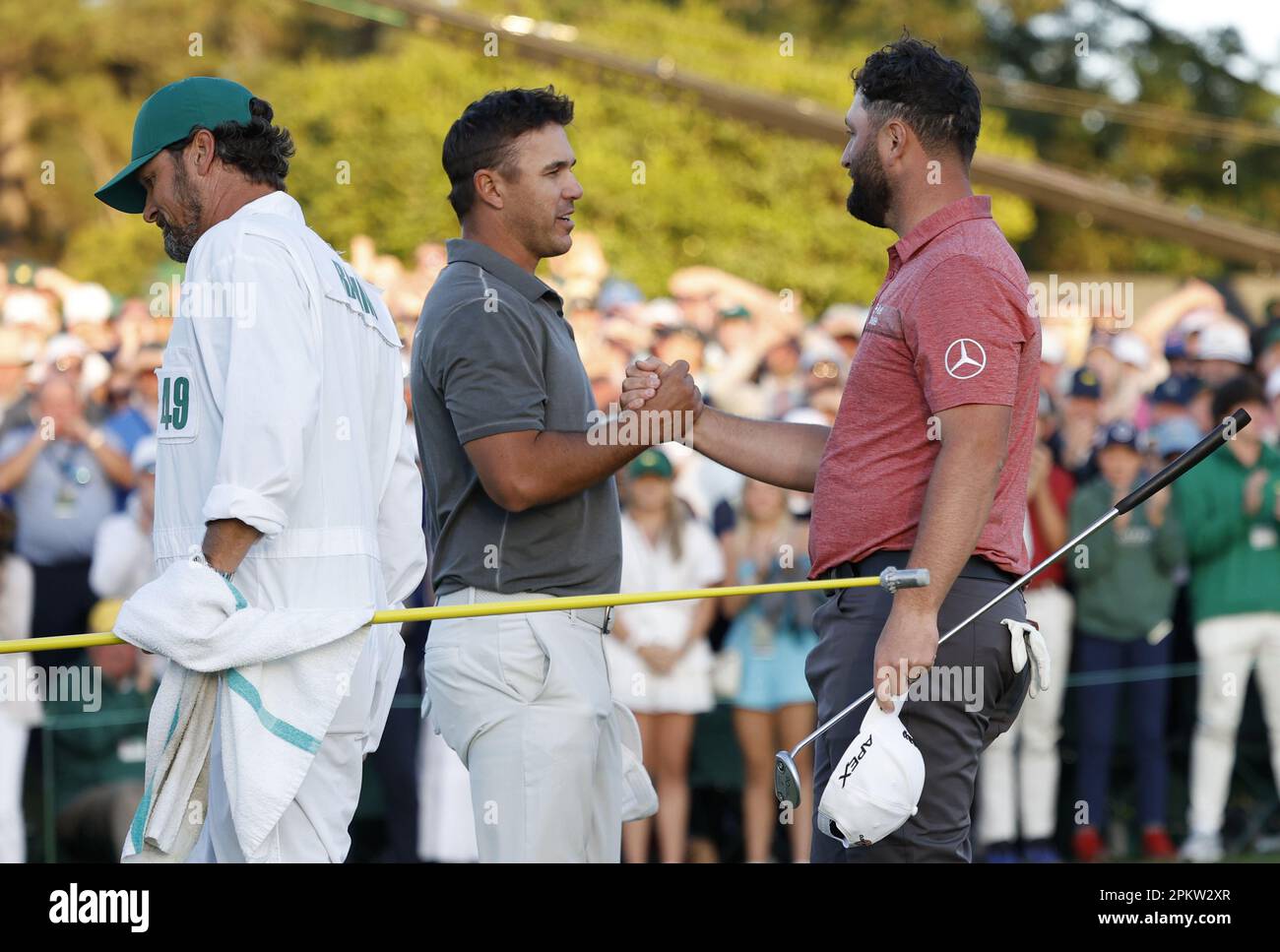 Augusta, United States. 09th Apr, 2023. Winner Jon Rahn (R) shakes ...