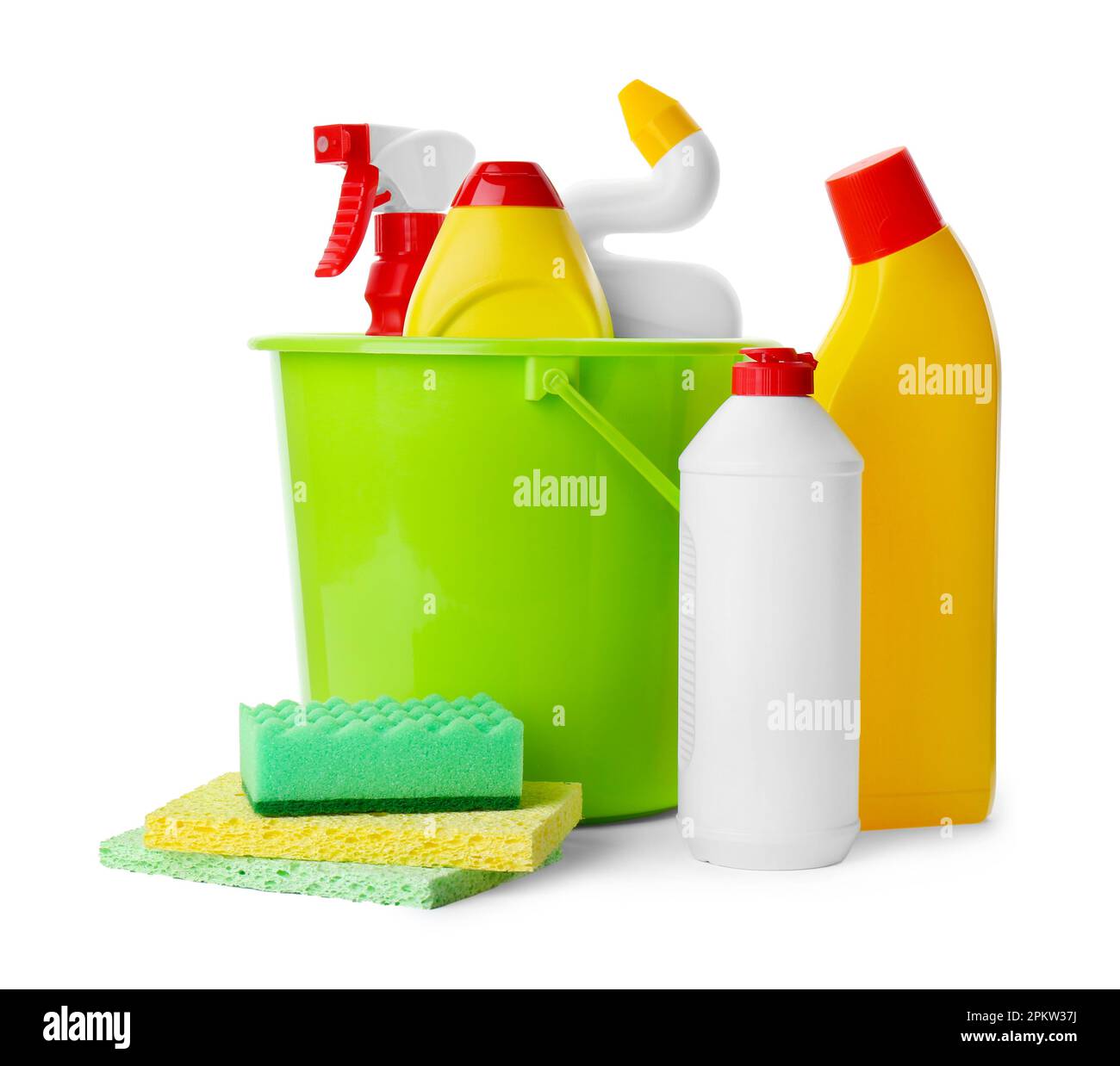 Set of different cleaning supplies on white background Stock Photo - Alamy
