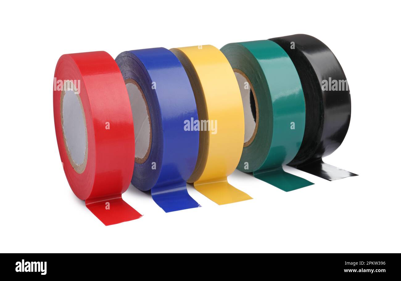Colorful insulating tapes on white background. Electrician's supplies ...