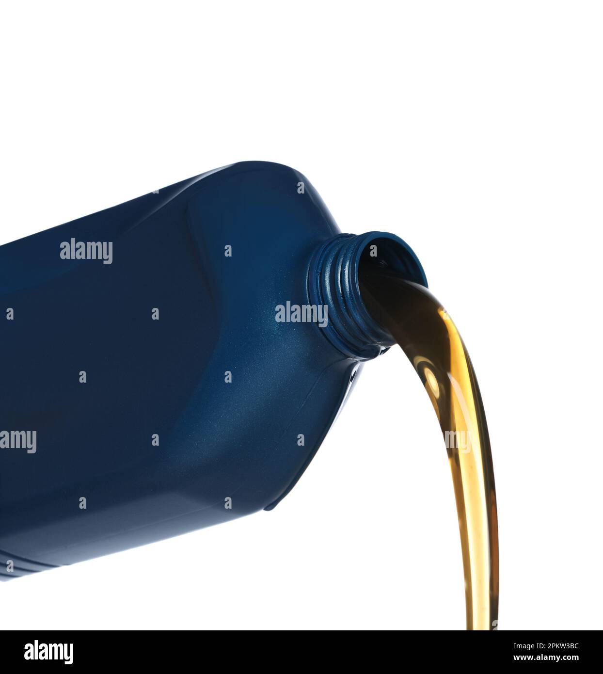 Pouring motor oil from blue container on white background, closeup ...