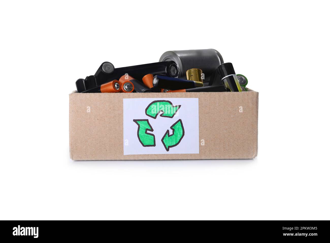 Used electric batteries in cardboard box with recycling symbol on white ...