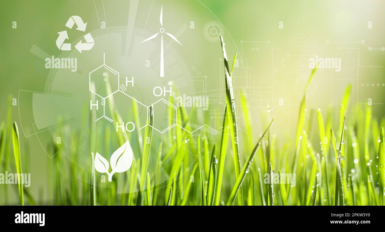 Illustration of chemical formula and green grass with dew drops on ...