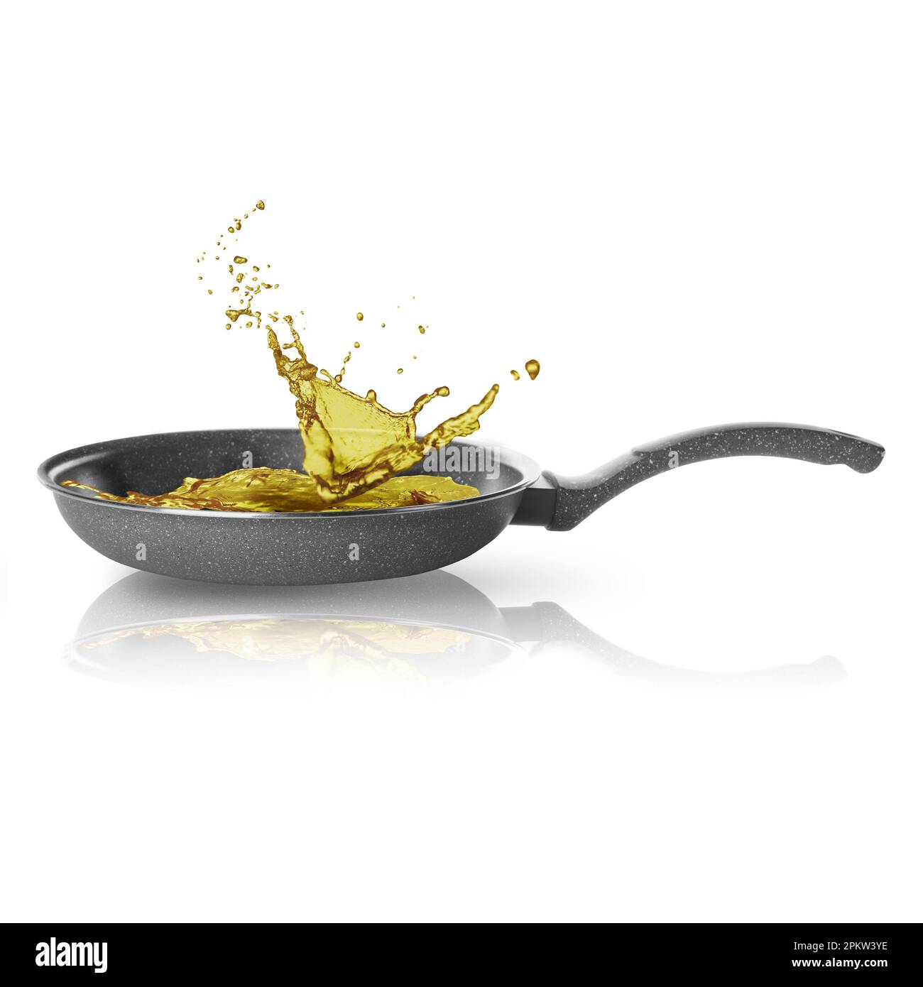Frying pan and splashing cooking oil on white background Stock Photo ...