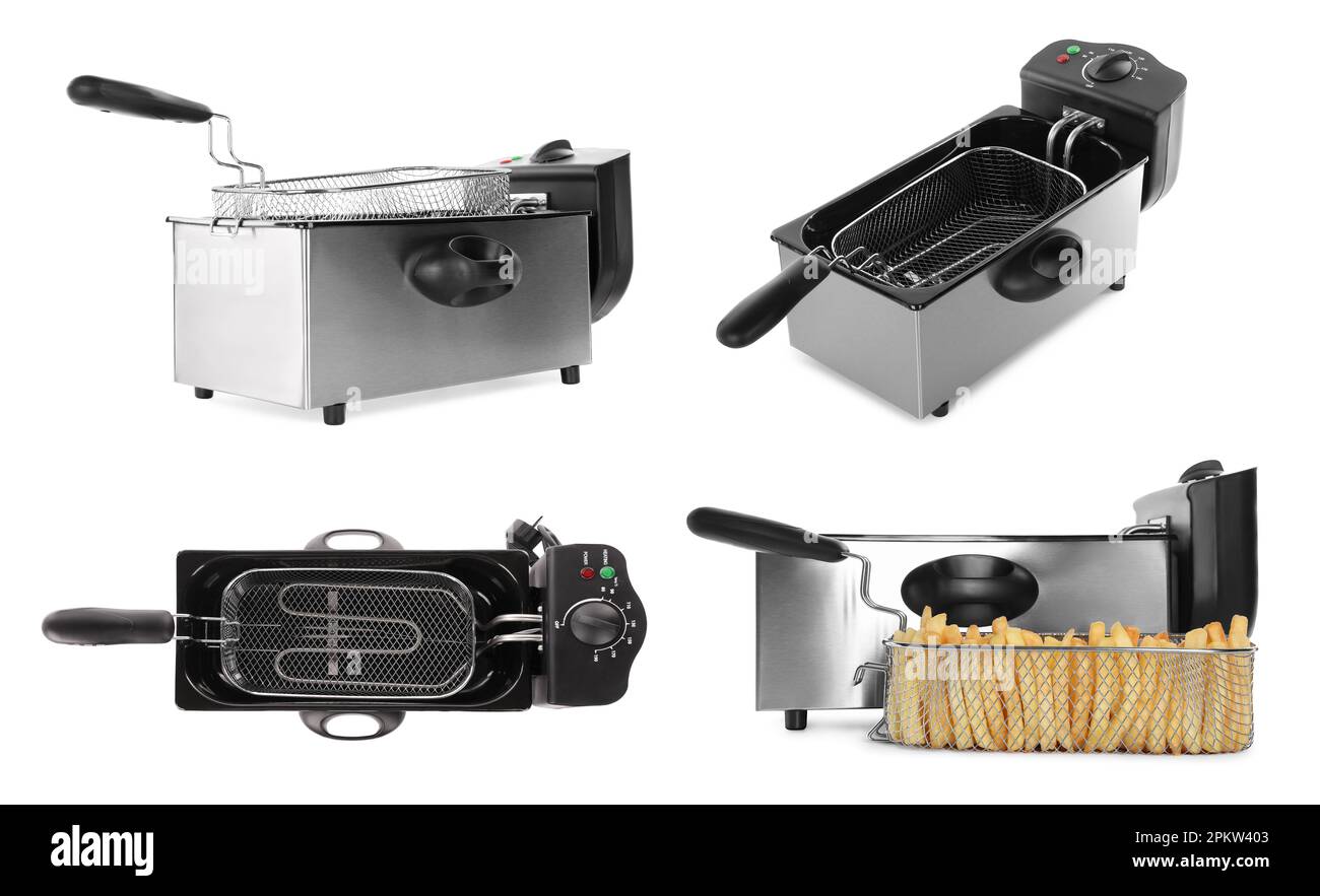 Set with modern deep fryers on white background Stock Photo - Alamy