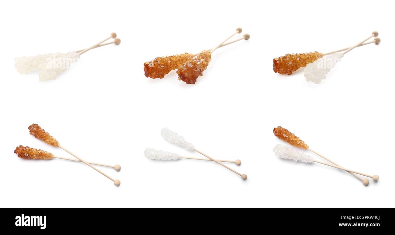 Set of wooden sticks with sugar crystals on white background. Tasty ...