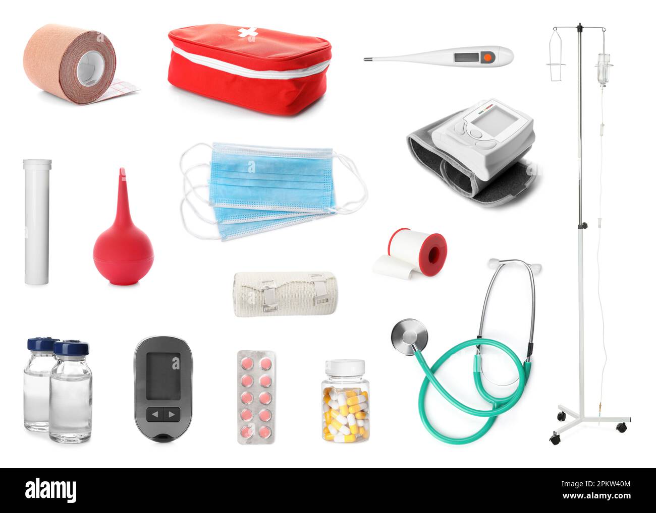 Set with drop counter stand and different medical equipment on white ...