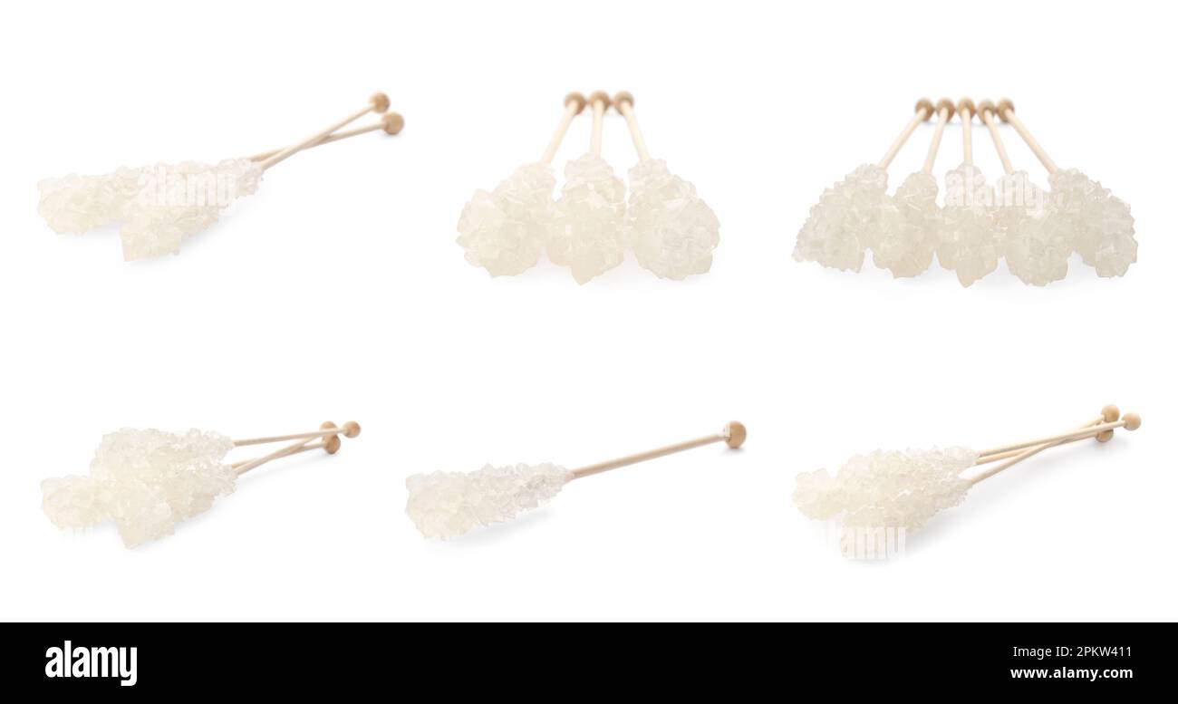 Set of wooden sticks with sugar crystals on white background. Tasty ...